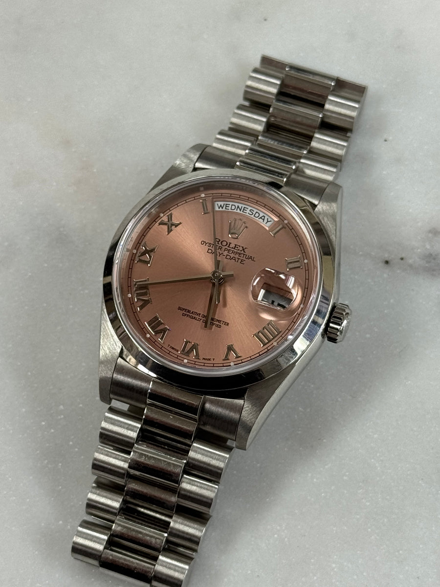 Rolex Day-Date 36 Platinum Salmon Roman Dial (Ref. 18206)| Aletto Jewelers