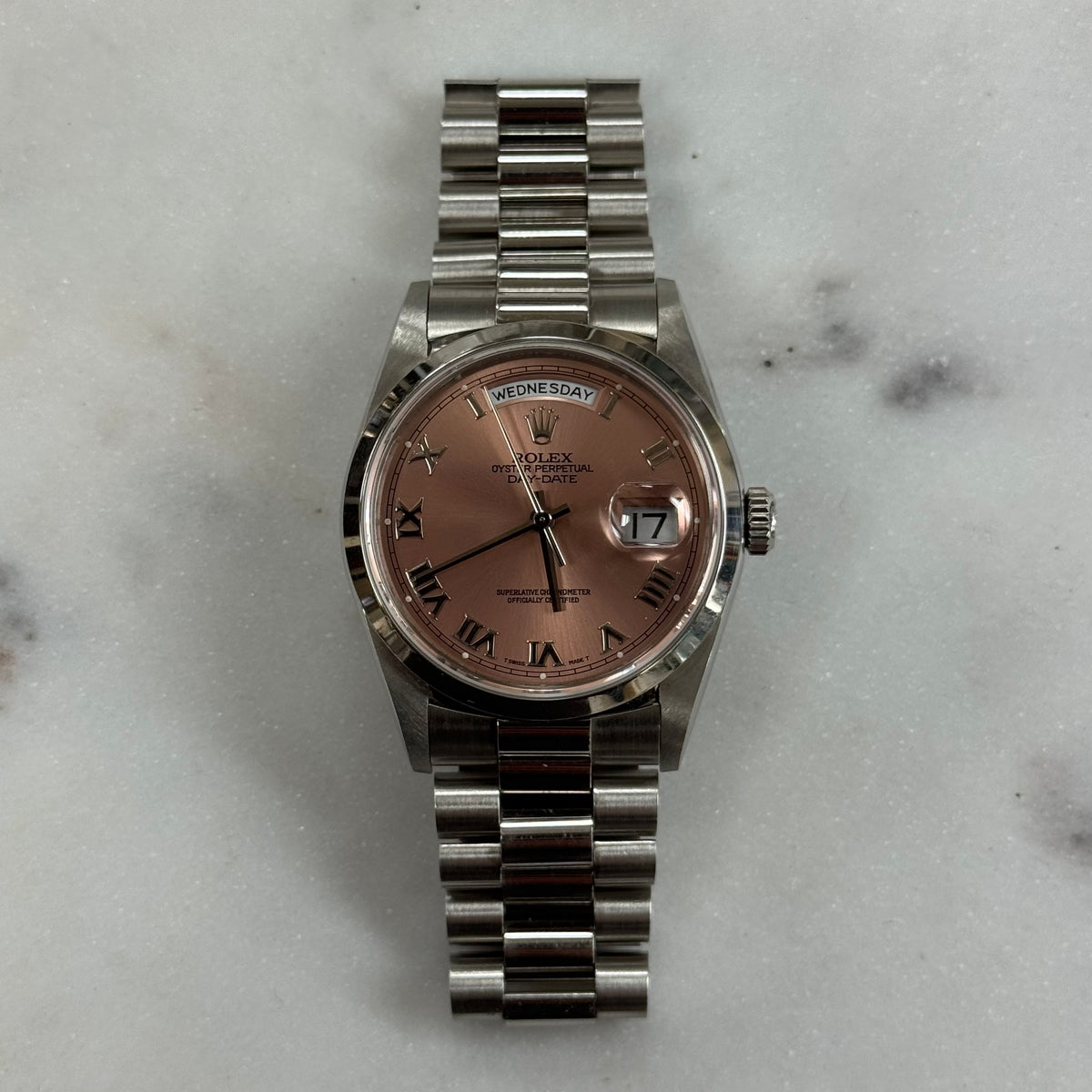 Rolex Day-Date 36 Platinum Salmon Roman Dial (Ref. 18206)| Aletto Jewelers